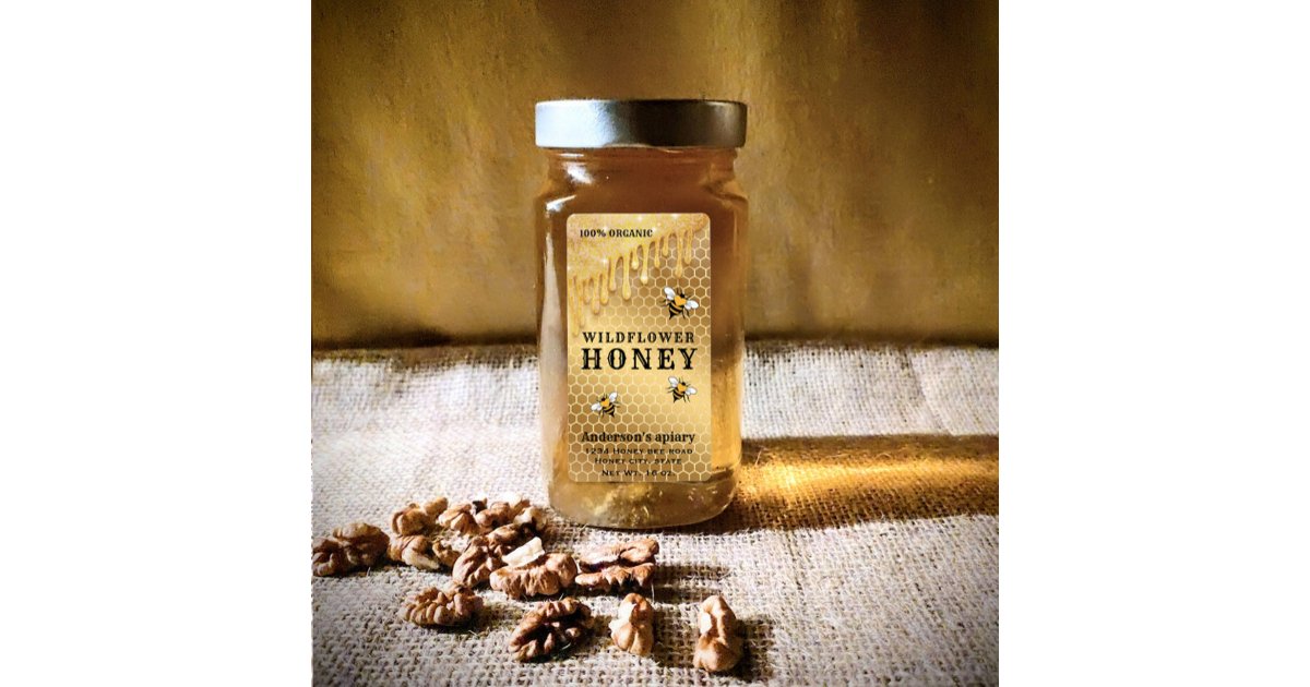 Modern drips gold bee honey jar label | Zazzle