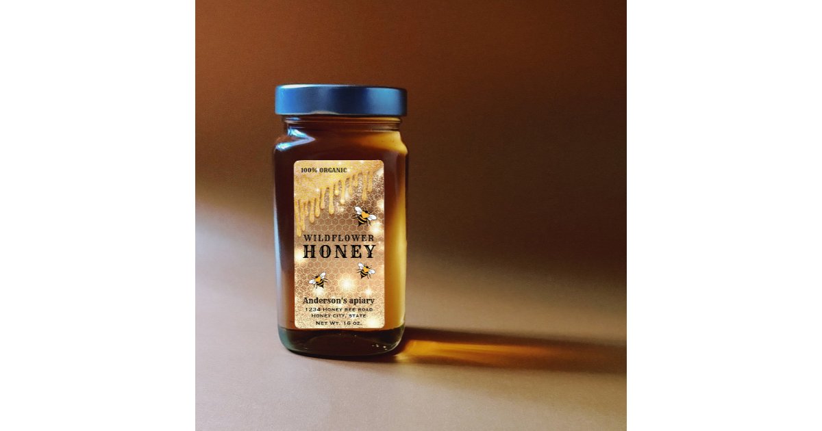 Modern drips sparkle gold bee honey jar label | Zazzle