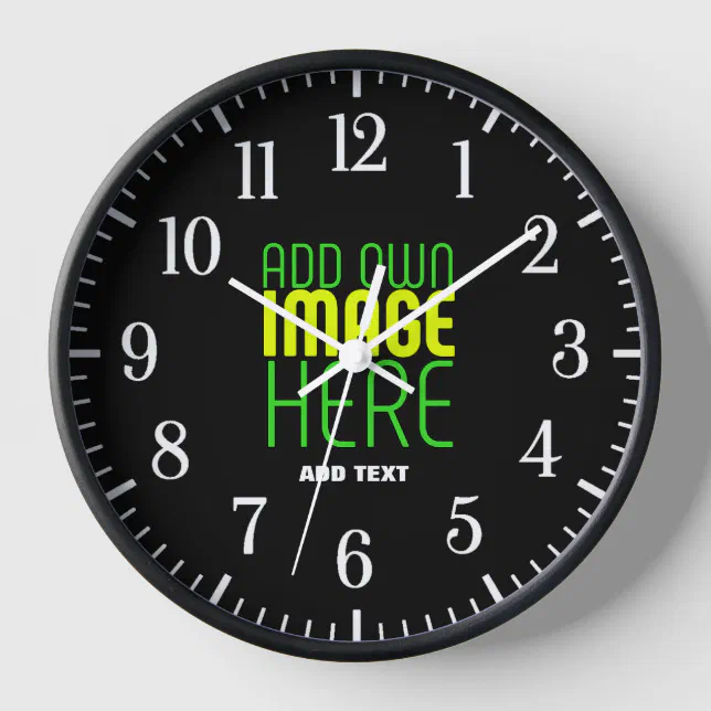 MODERN EDITABLE SIMPLE BLACK IMAGE TEXT TEMPLATE CLOCK | Zazzle