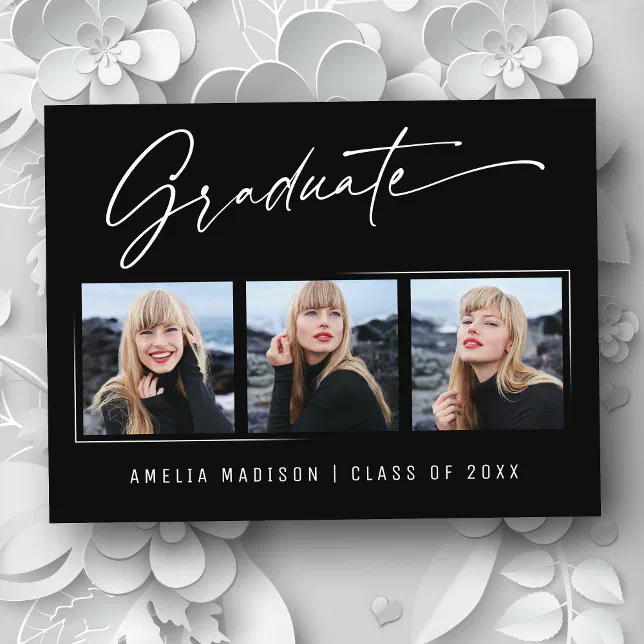 Modern Elegant Calligraphy Ink Script Grad 3 Photo Postcard | Zazzle