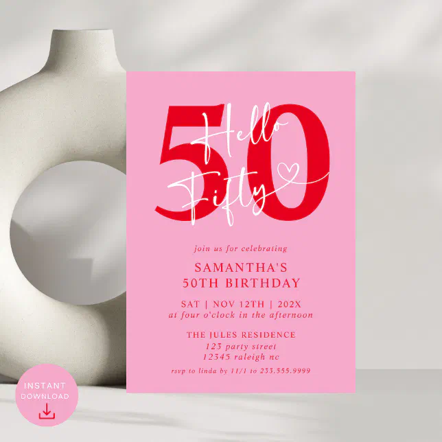 Modern Elegant Pink Red Hello 50th Birthday Party Invitation | Zazzle