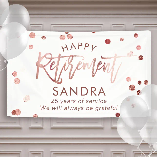 Modern Elegant Script Rose Gold Happy Retirement Banner | Zazzle