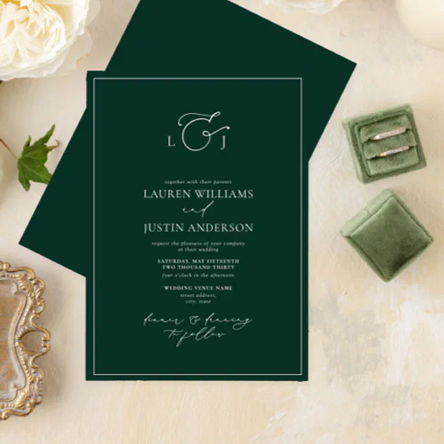 Modern Emerald Green Calligraphy Monogram Wedding Invitation | Zazzle