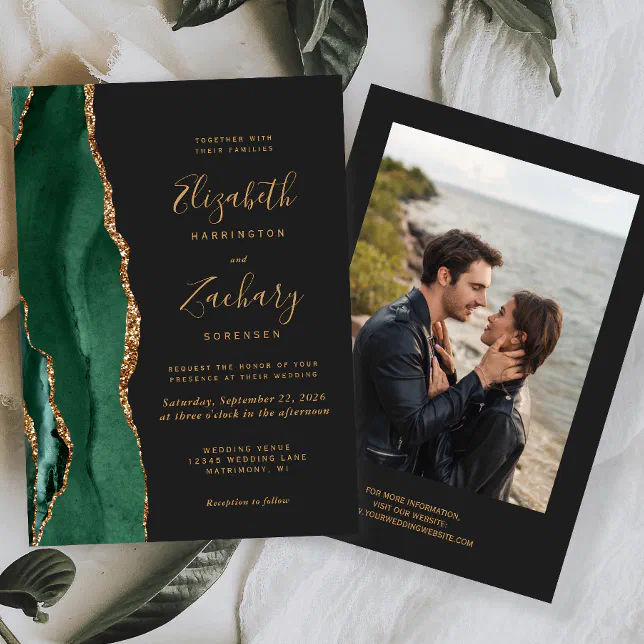 Modern Emerald Green Gold Agate Photo Dark Wedding Invitation | Zazzle