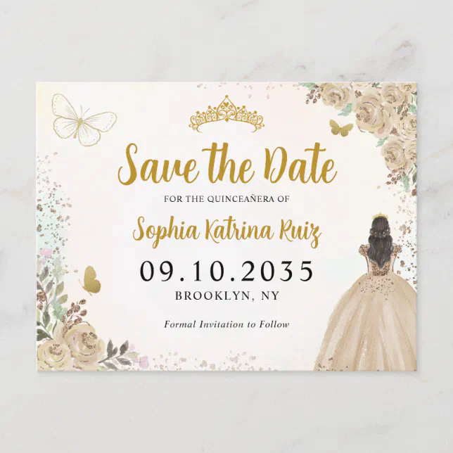 Modern Floral Light Gold Quinceanera Save the Date Postcard | Zazzle