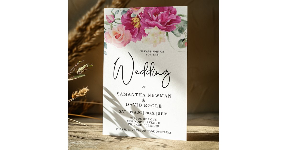Modern Fuchsia Pink Floral QR Code Wedding Invitation | Zazzle