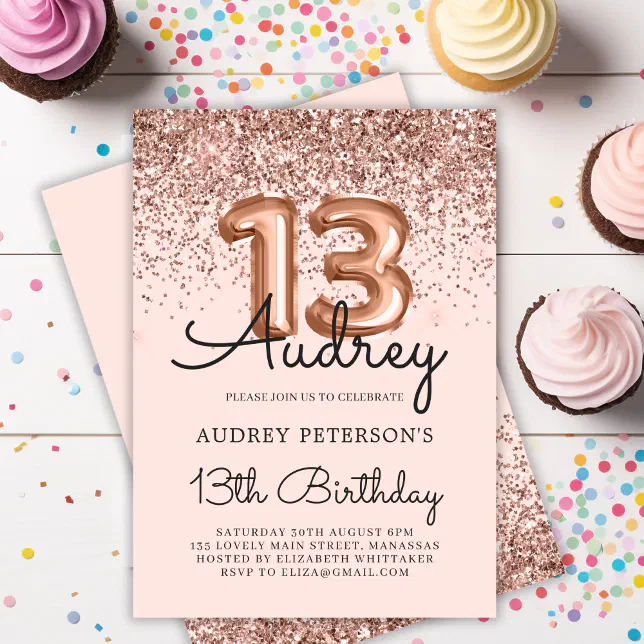 Modern Glitter Rose Gold Balloon 13th Birthday Invitation | Zazzle