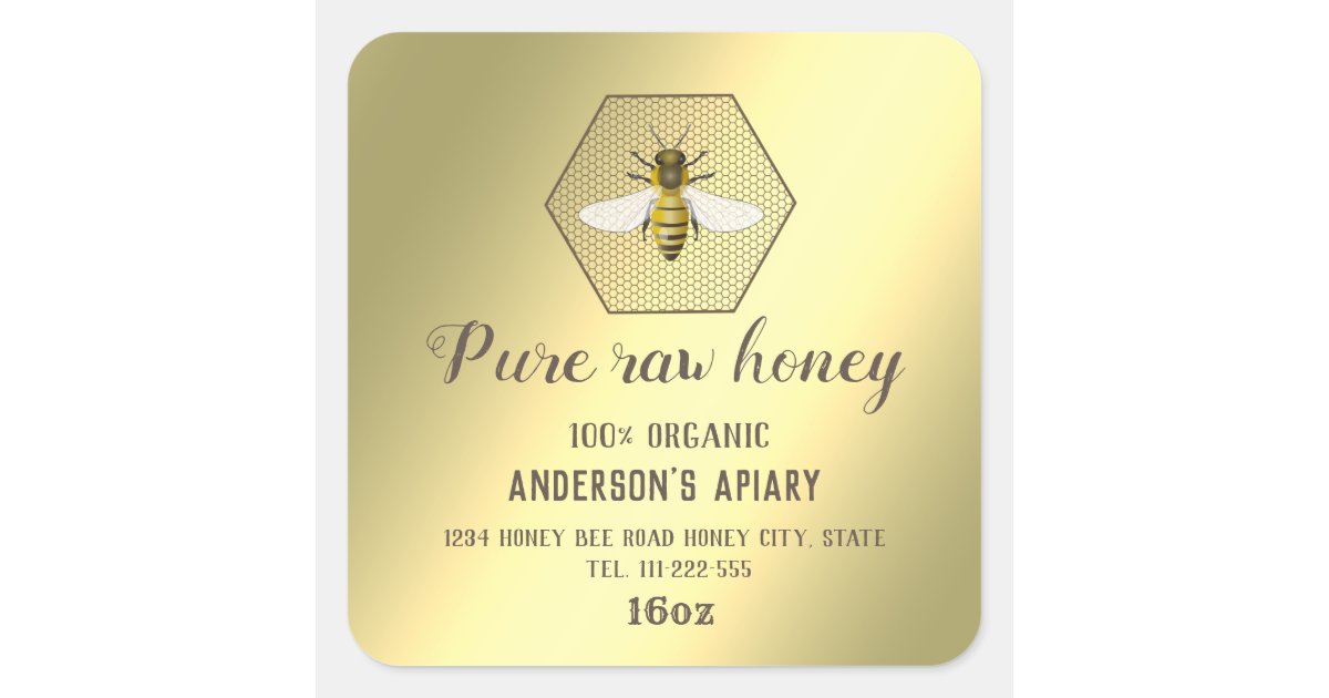 Modern gold bee honey comb honey jar square sticker | Zazzle
