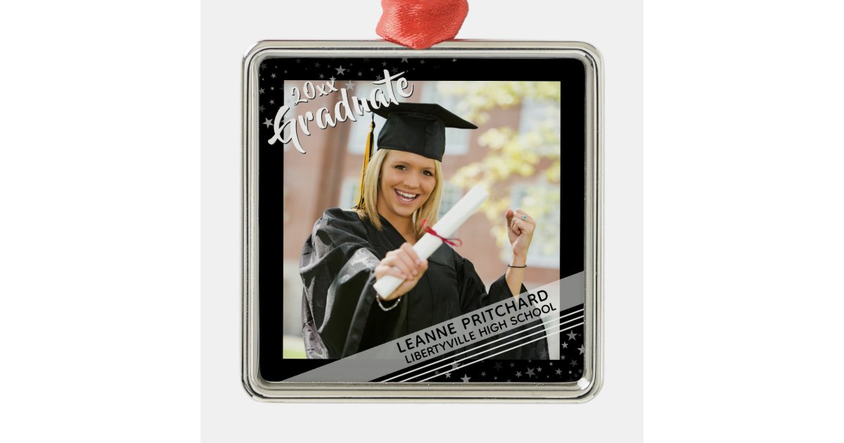 Modern Graduate Brush Script Photo Black Metal Tree Decoration | Zazzle