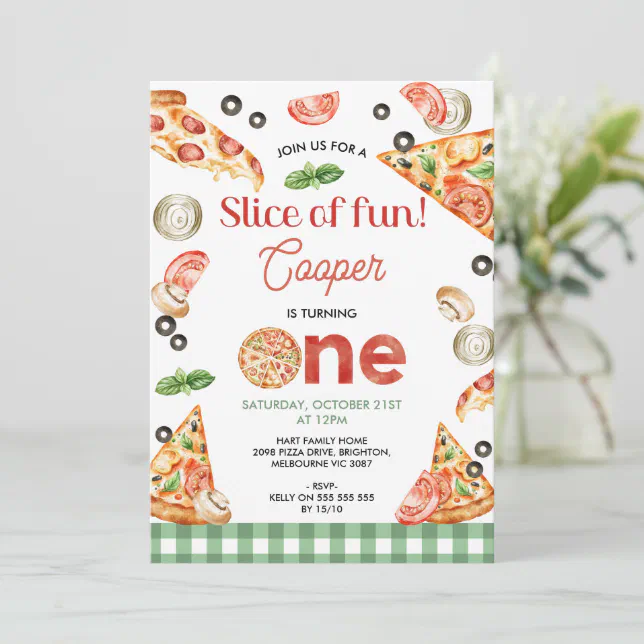 Modern Green Plaid Pizza Slice Of Fun 1st Birthday Invitation | Zazzle