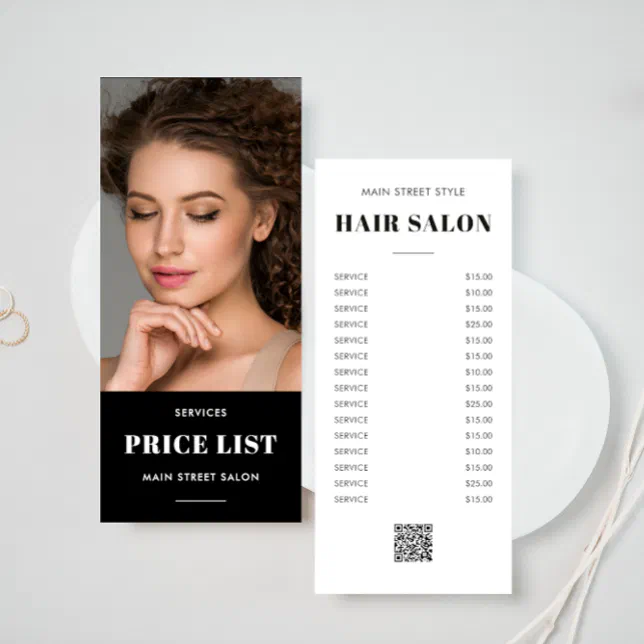 Modern Hair Salon Photo QR Code Price List Rack Card | Zazzle