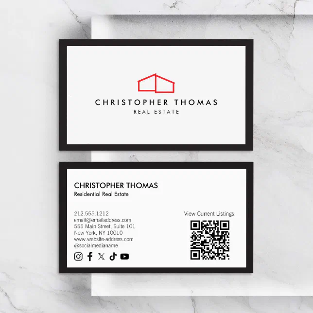 Modern Home Logo Real Estate Red/White QR code Business Card | Zazzle