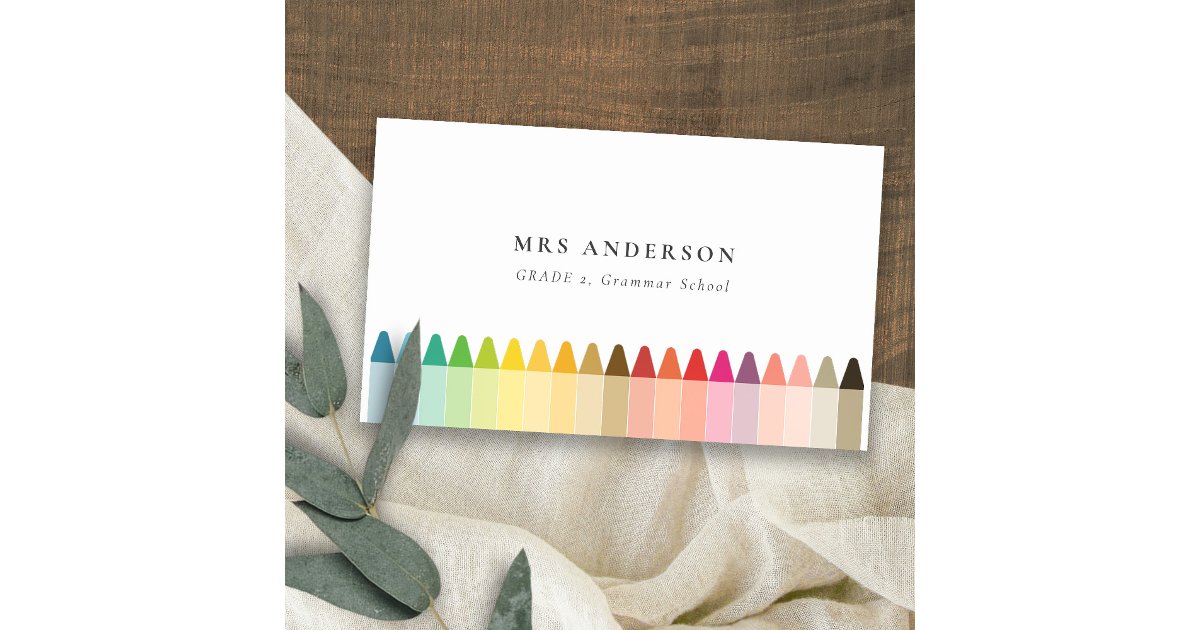 Modern Kids Teacher Colourful Rainbow Crayon Colou Business Card | Zazzle