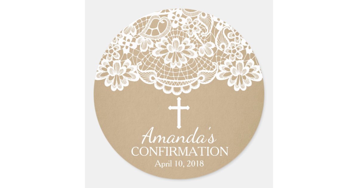 Modern Kraft Vintage Lace Confirmation Sticker | Zazzle