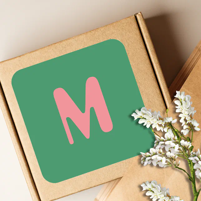 Modern Light Pink Initial Letter | Seaweed Green Square Sticker | Zazzle