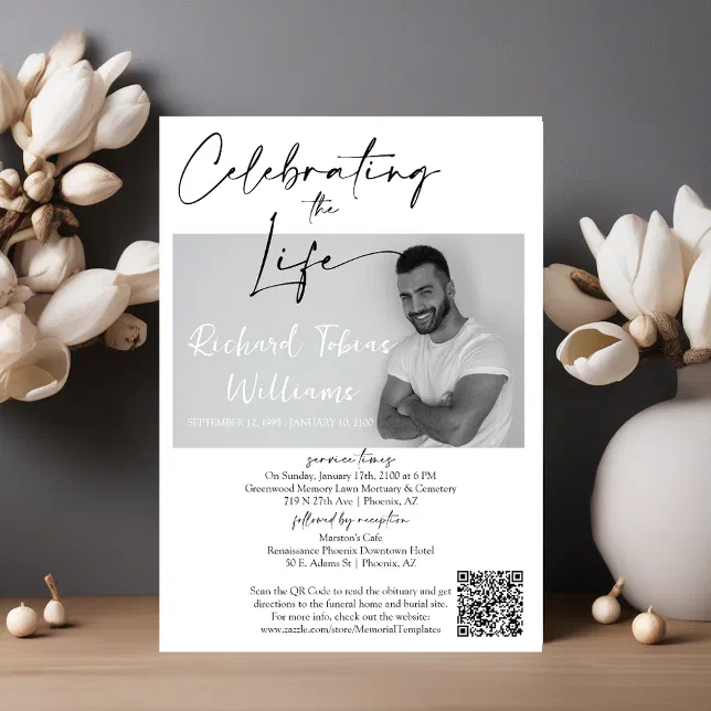 Modern Minimal Memorial Photo QR Code Funeral Invitation | Zazzle