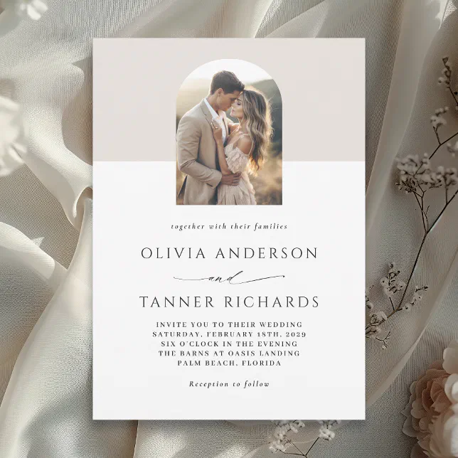Modern Minimal Photo Arch Elegant Neutral Wedding Invitation | Zazzle