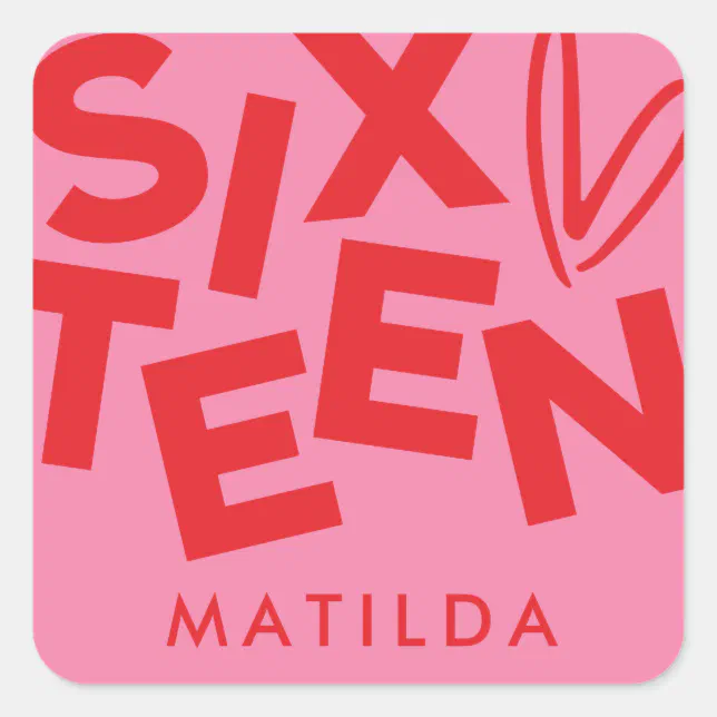 Modern minimal red pink typography 16th birthday square sticker | Zazzle