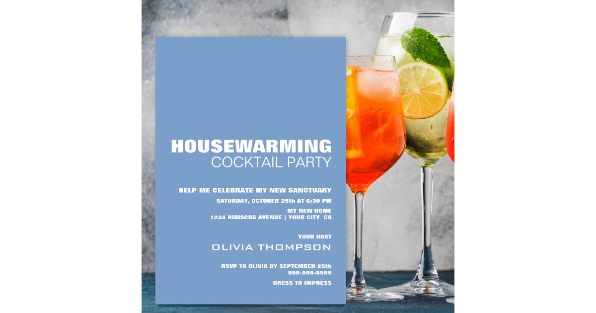 Modern Minimalist Blue Housewarming Cocktail Party Invitation | Zazzle
