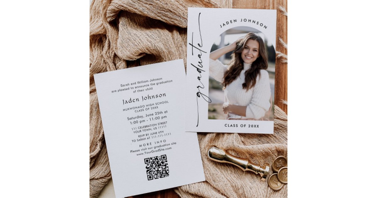 Modern Minimalist PHOTO Graduation Party QR code Invitation | Zazzle