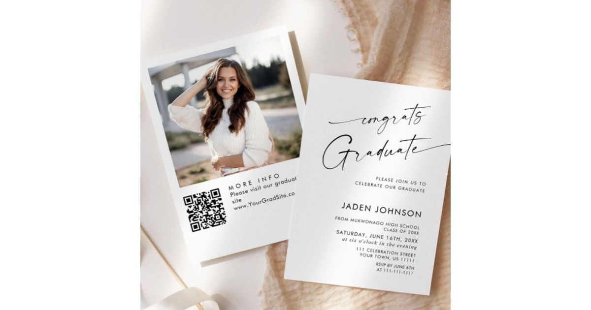 Modern Minimalist PHOTO Graduation Party QR code Invitation | Zazzle