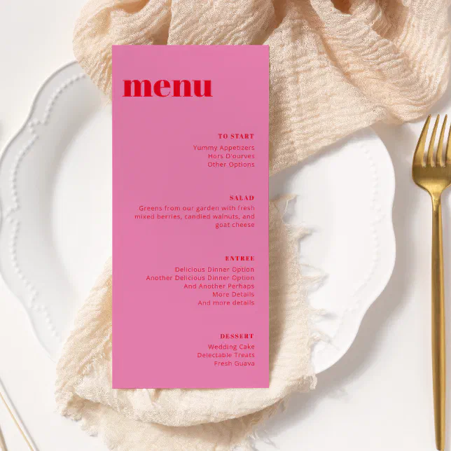 Modern Minimalist Pink and Red Tall Template Menu | Zazzle