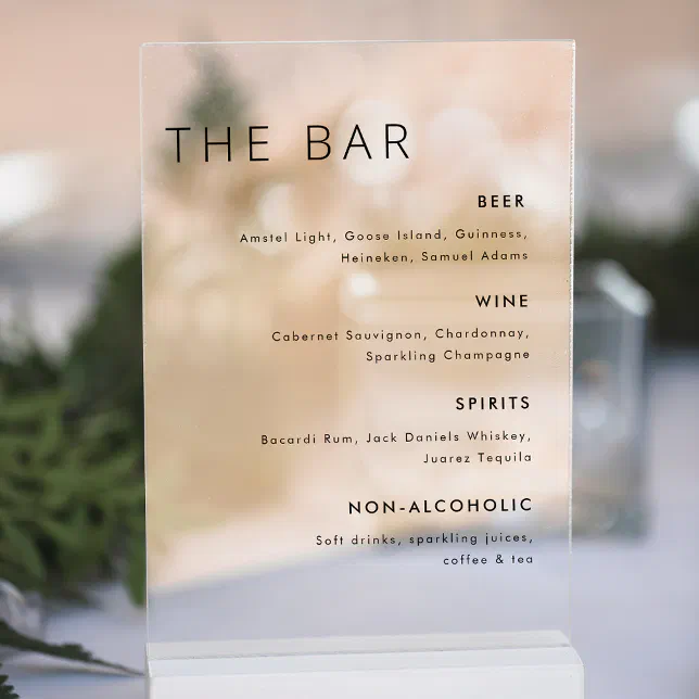 Modern Minimalist Wedding Bar Menu Acrylic Sign | Zazzle