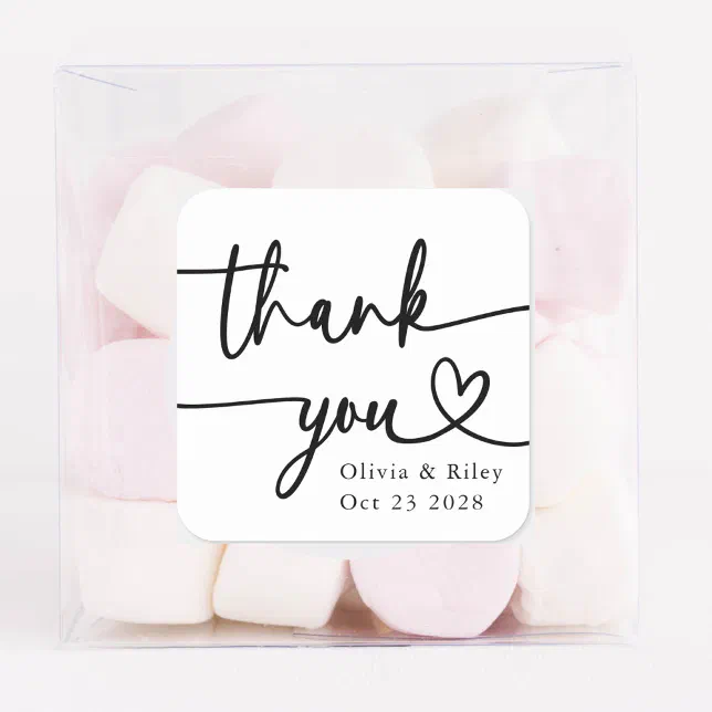 Modern Minimalist Wedding Thank You Script Heart Square Sticker | Zazzle