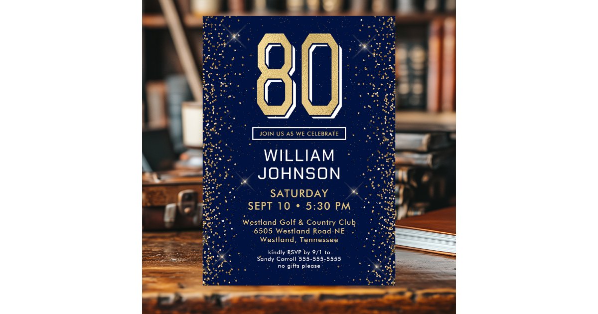 Modern Navy Blue 80th Birthday Invitation | Zazzle
