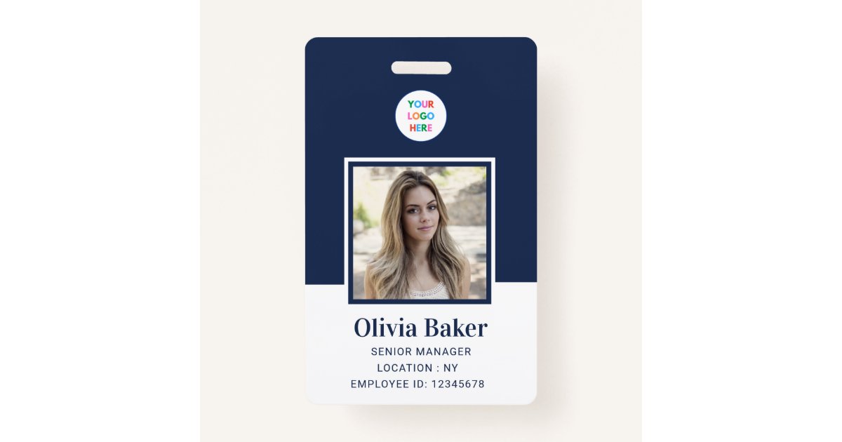Modern Navy Blue Photo Barcode Business Logo Name ID Badge | Zazzle
