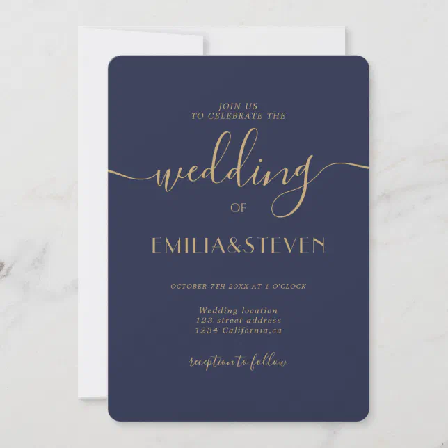 Modern navy blue script photo initials wedding invitation | Zazzle