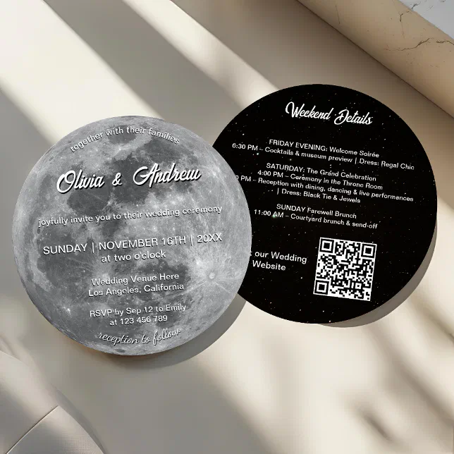 Modern Night Sky QR Code Full Moon Wedding Invitation | Zazzle