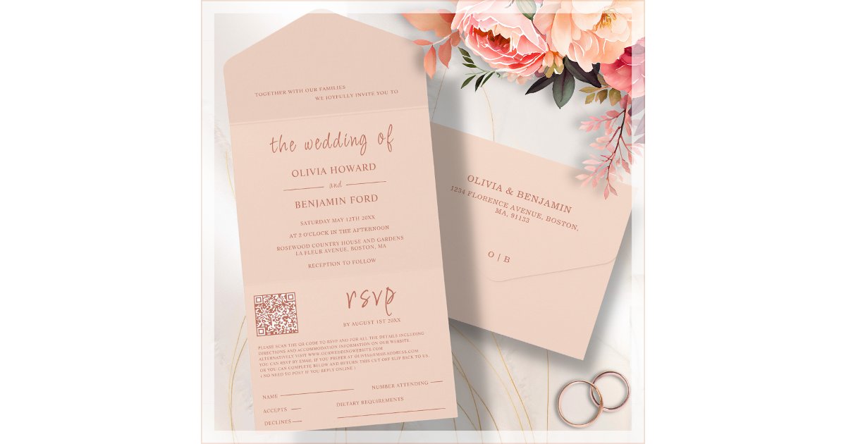 Modern Peach QR Code All In One Invitation | Zazzle