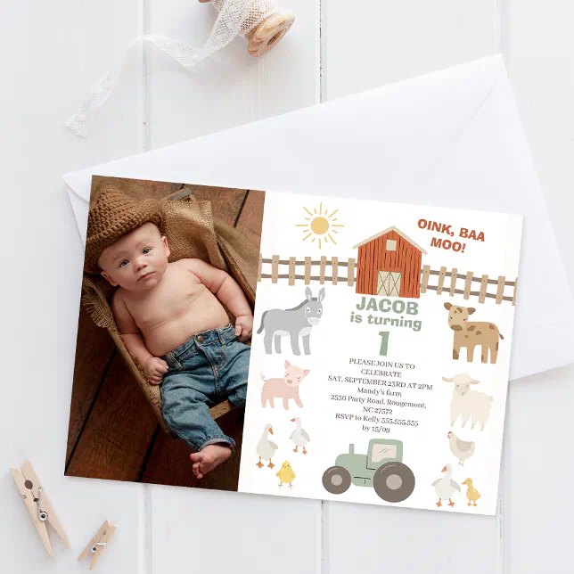 Modern Photo Photo Green Tractor 1st Farm Birthday Invitation | Zazzle