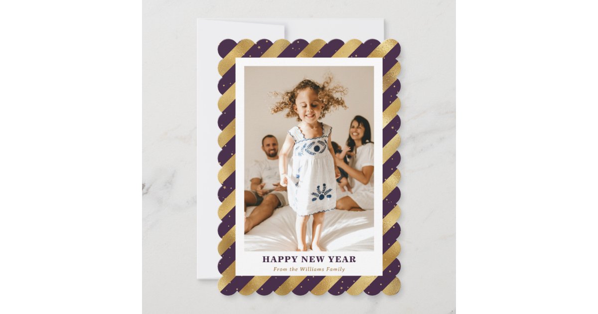 Modern Photo Purple Gold Happy New Year Card | Zazzle