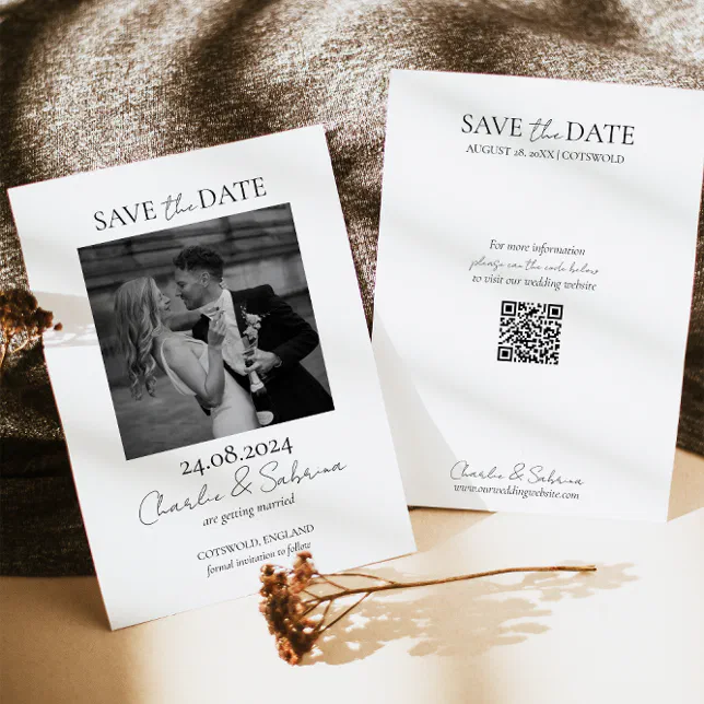Modern Photo Save the Date Card with QR Code | Zazzle