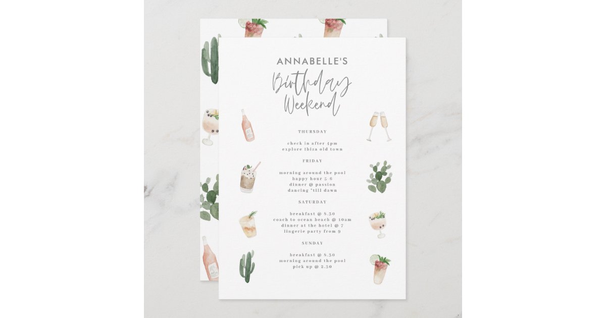 Modern pink girly birthday weekend itinerary invitation | Zazzle