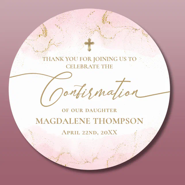 Modern Pink Gold Cross Girl Confirmation Classic Round Sticker | Zazzle