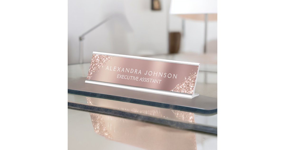 Modern Professional Rose Gold Sparkle Glitter Desk Name Plate | Zazzle