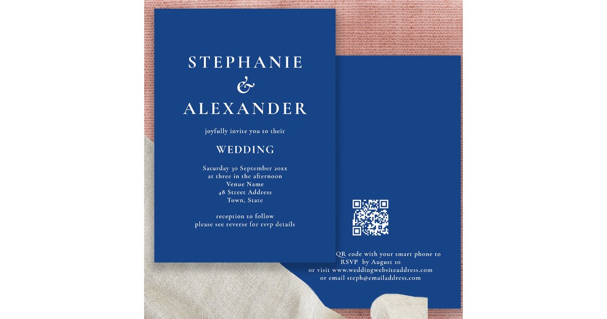 Modern QR Code Mid Blue Wedding Invitation | Zazzle