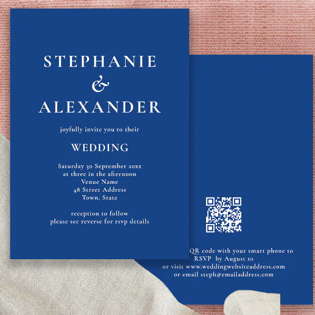 Modern QR Code Mid Blue Wedding Invitation | Zazzle