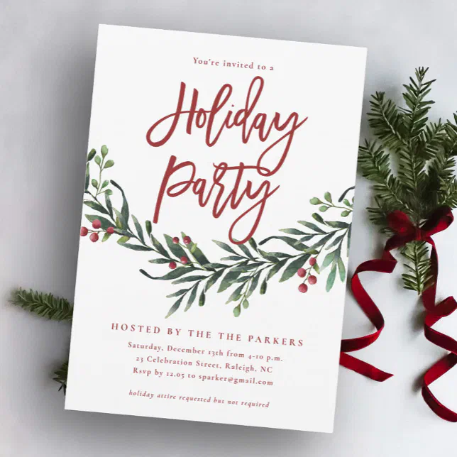 Modern Red Script Greenery Holiday Party Invitation | Zazzle