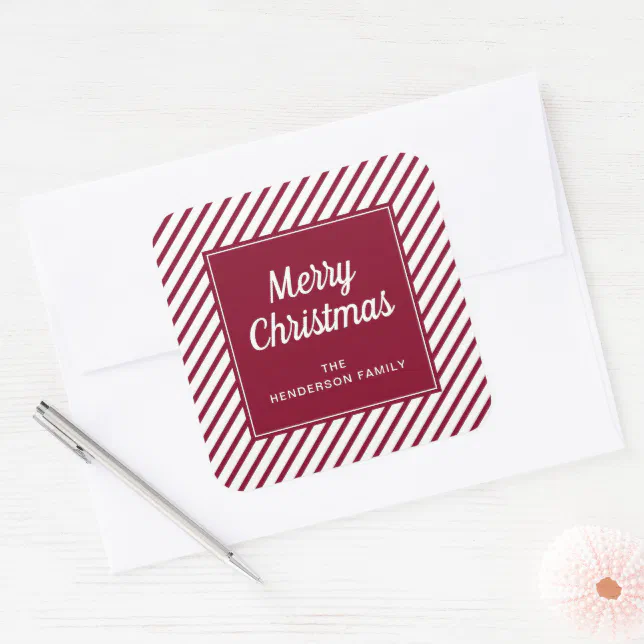 Modern Red Stripes Merry Christmas Square Sticker | Zazzle
