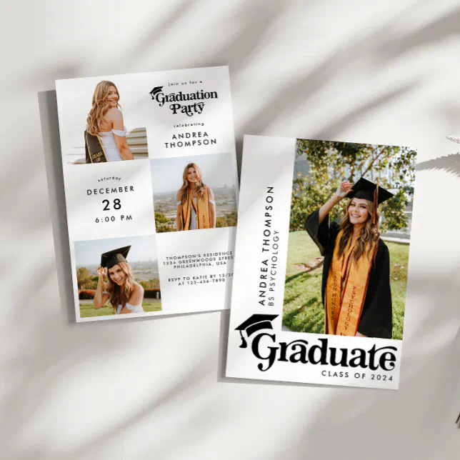 Modern Retro Graduation Cap Photo Collage Invitation | Zazzle
