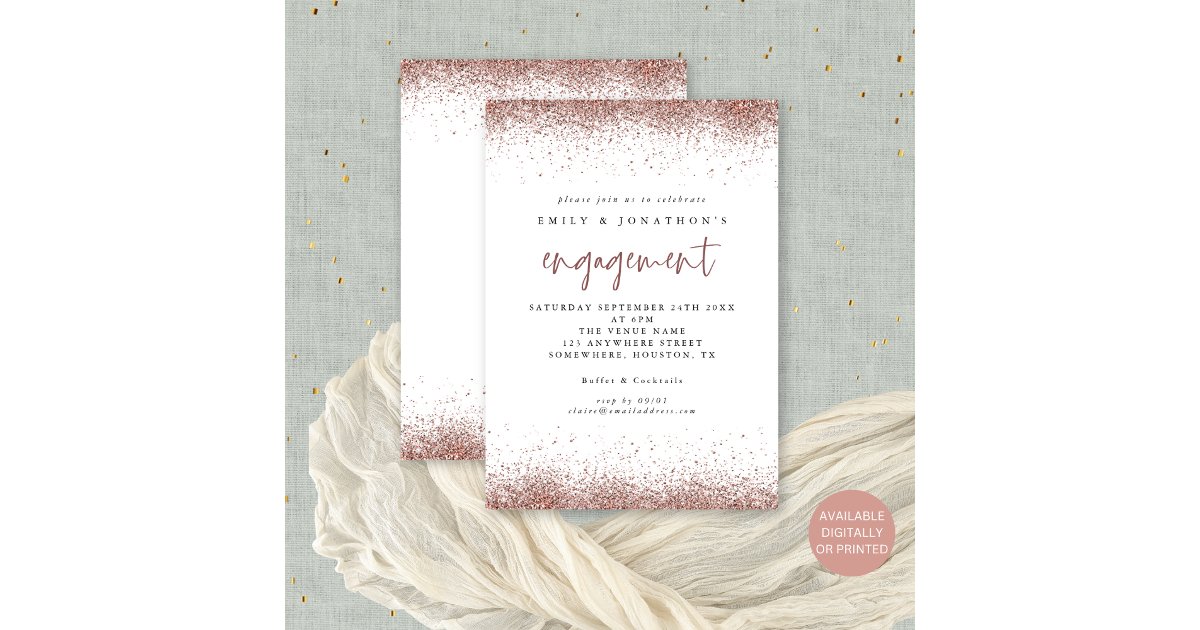 Modern Rose Gold Glitter Border Engagement Party Invitation | Zazzle