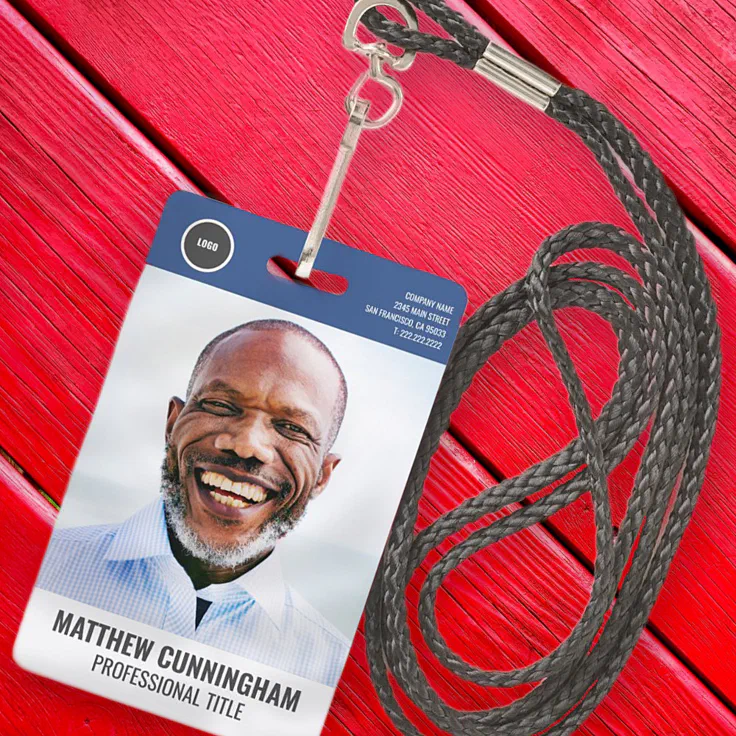 Modern Round Logo Employee Photo Name Barcode ID Badge | Zazzle