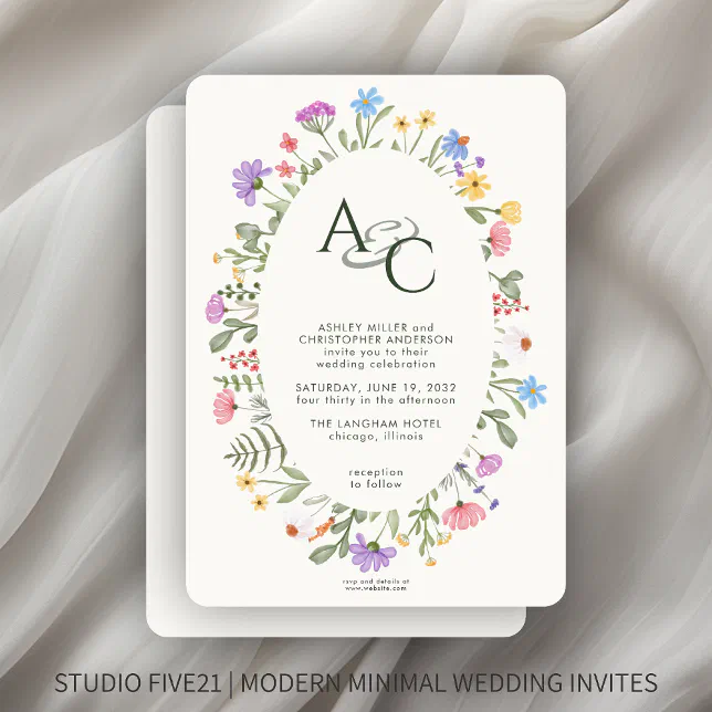 Modern Rustic Wildflower Monogram Wedding Invitation | Zazzle
