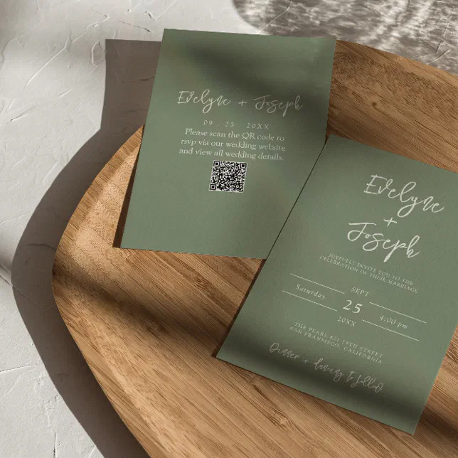 Modern Sage Green Minimalist QR Code Wedding Invitation | Zazzle