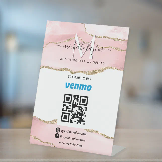 Modern Scan to Pay Venmo QR code Monogram Blush Pedestal Sign | Zazzle