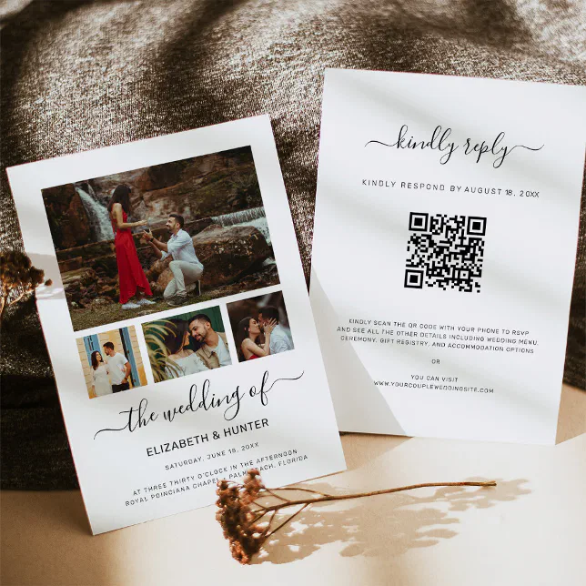 Modern Script 4 Photo Collage QR Code RSVP Wedding Invitation | Zazzle